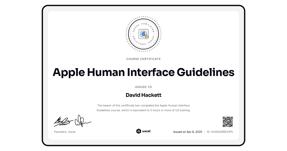 Certificate of completion for Apple Human Interface Guidelines | Uxcel